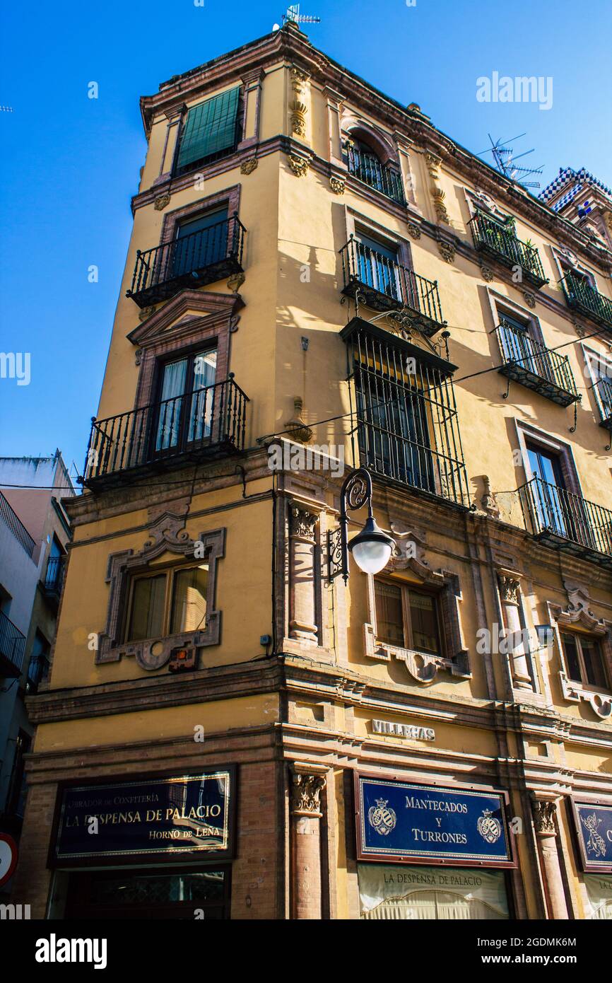 Seville Spain August 10, 2021 Facade of a building in the streets of ...