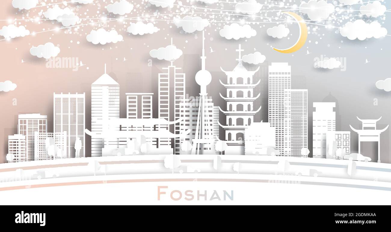 Foshan China City Skyline in Paper Cut Style with White Buildings, Moon ...