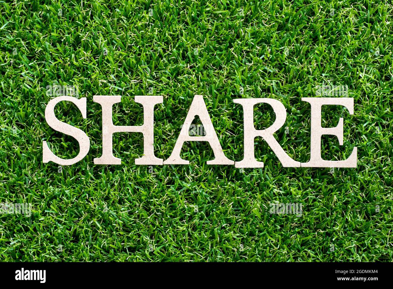 Wood letter in word share on artificial green grass background Stock ...