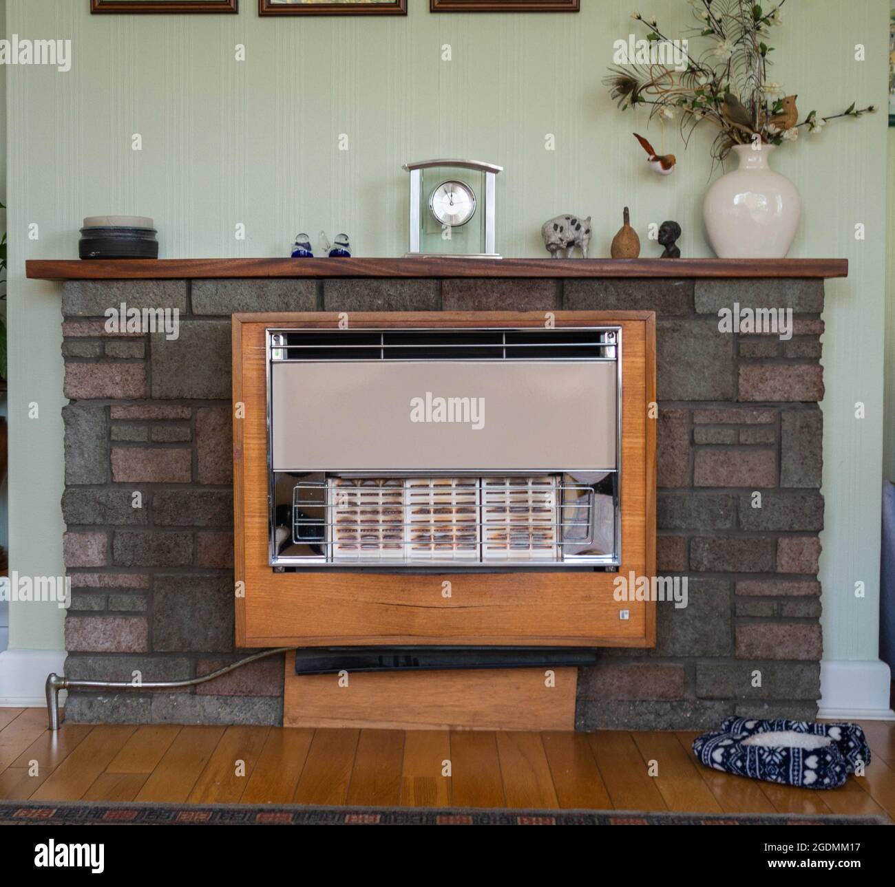 1980's traditional wood surround gas fire built into stone fireplace ...