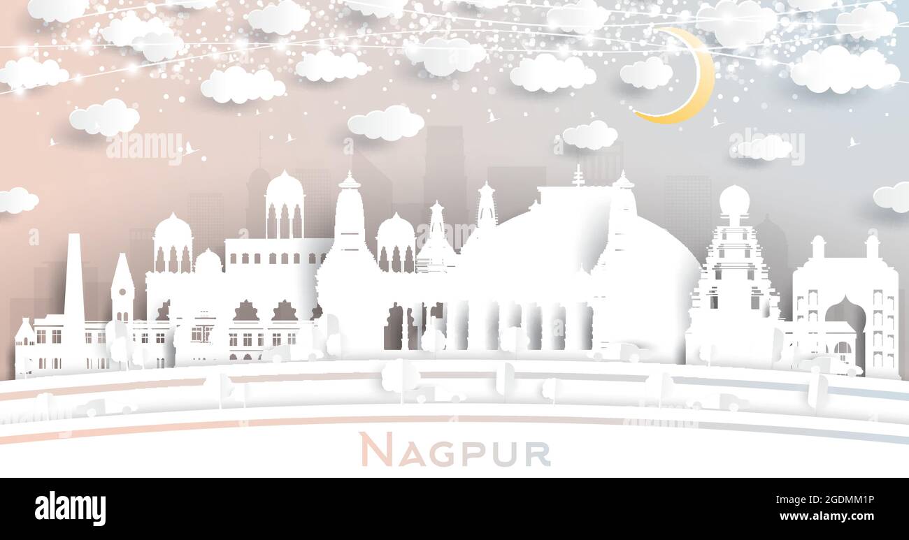 Nagpur India City Skyline in Paper Cut Style with White Buildings, Moon ...