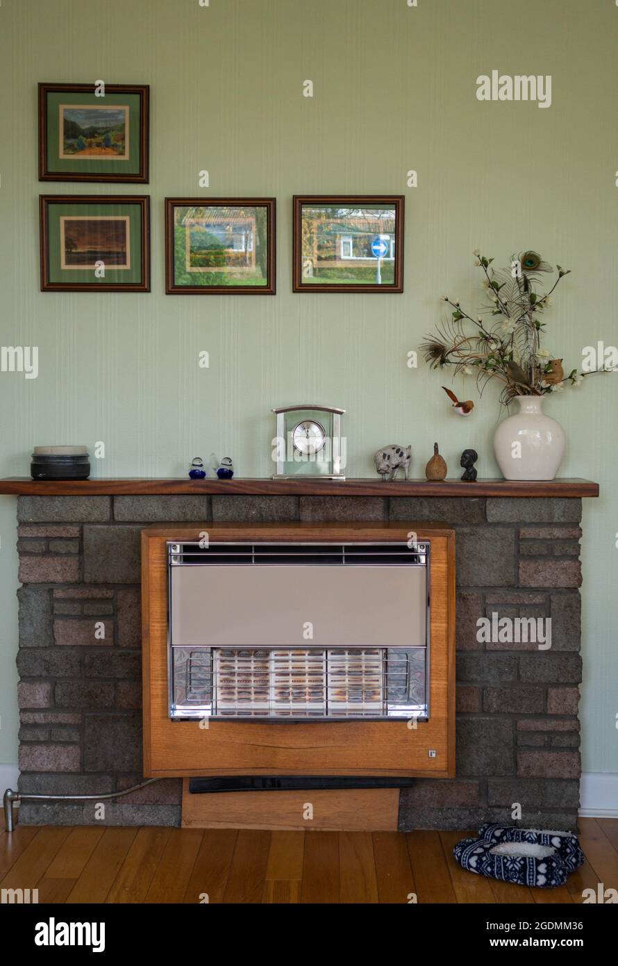 1980's traditional wood surround gas fire built into stone fireplace ...