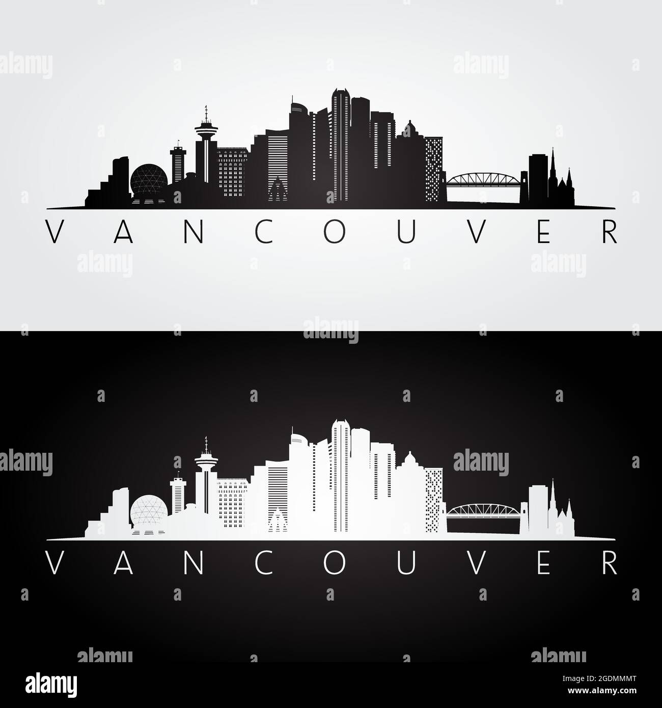 Vancouver skyline and landmarks silhouette, black and white design ...