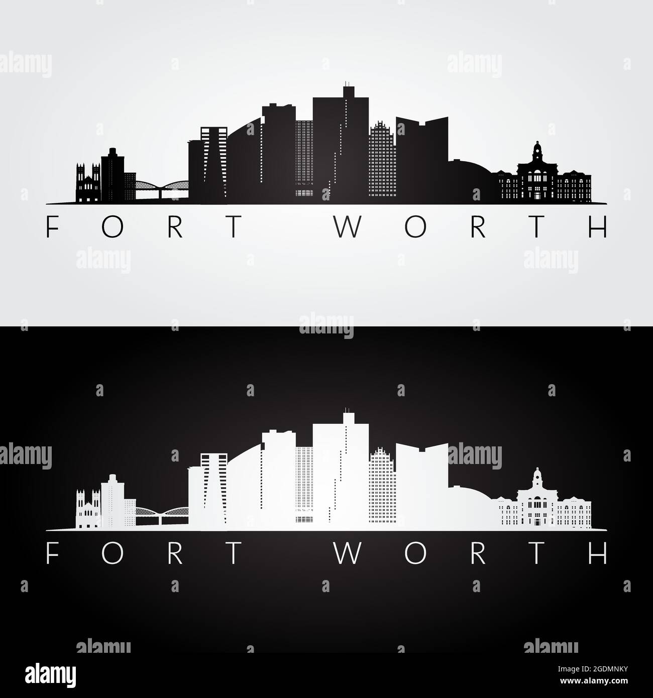 Fort Worth, USA skyline and landmarks silhouette, black and white ...