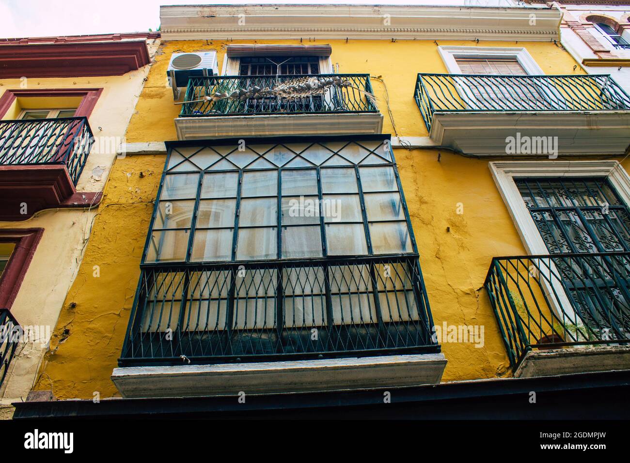 Seville Spain August 10, 2021 Window of a building in the streets of ...