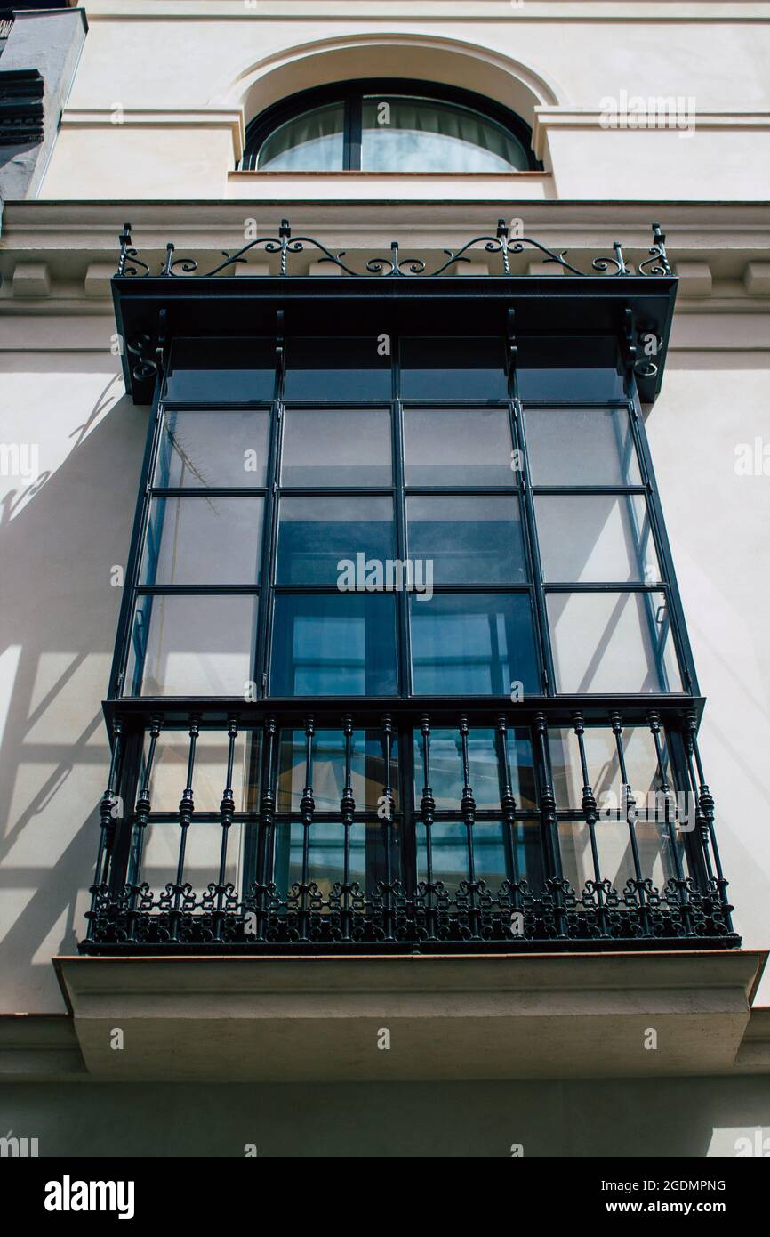 Seville Spain August 10, 2021 Window of a building in the streets of ...