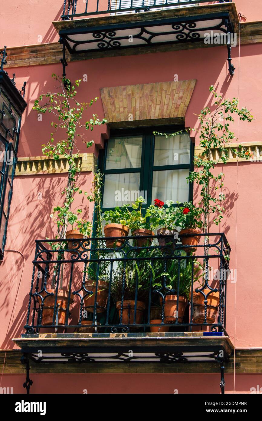 Seville Spain August 10, 2021 Window of a building in the streets of ...