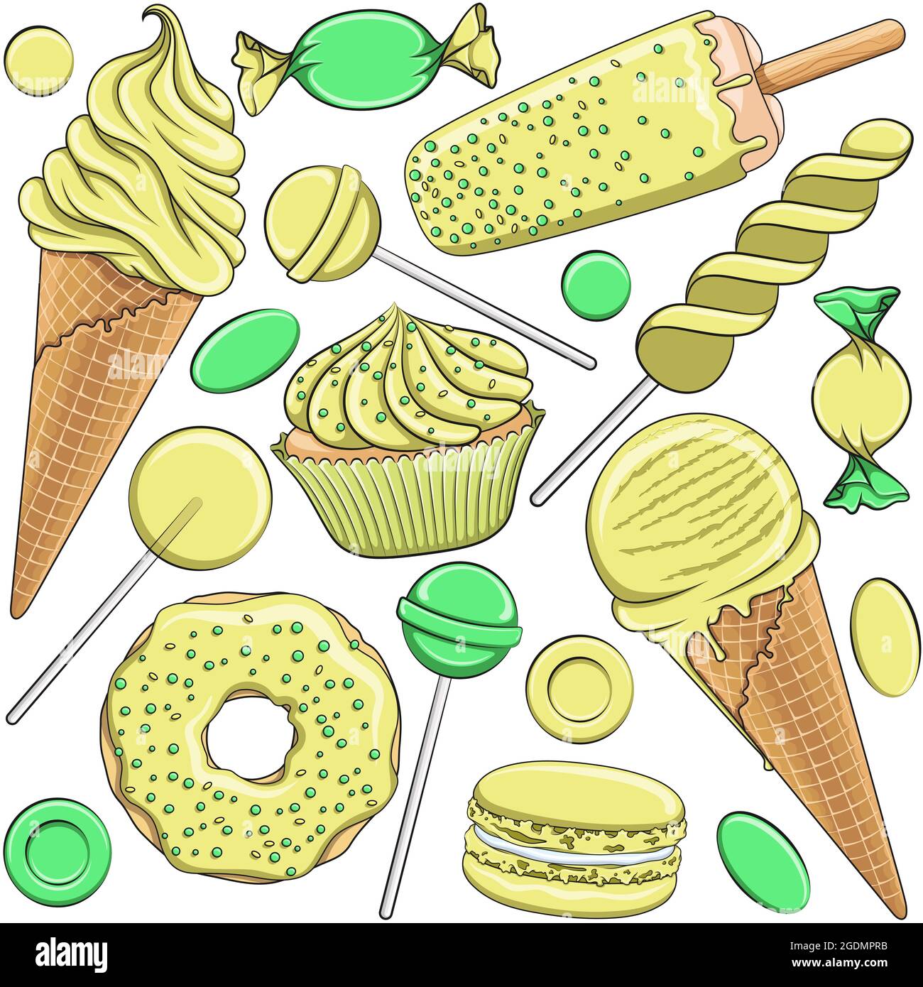 Seamless pattern with yellow and green sweets. Isolated vector objects ...