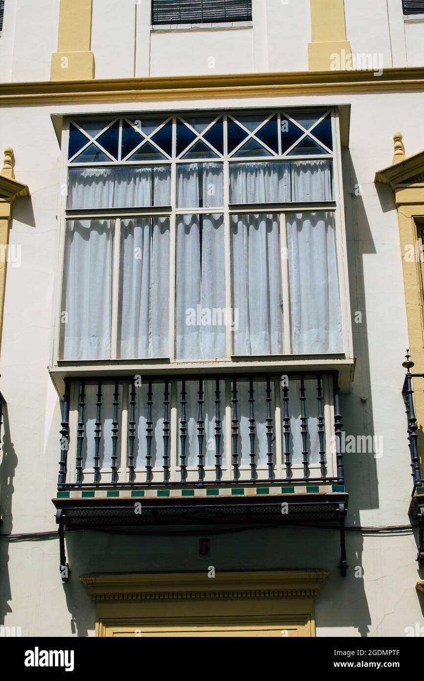 Seville Spain August 10, 2021 Window of a building in the streets of ...