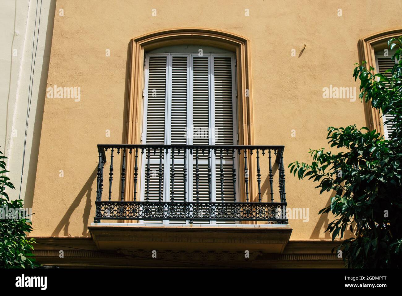 Seville Spain August 10, 2021 Window of a building in the streets of ...
