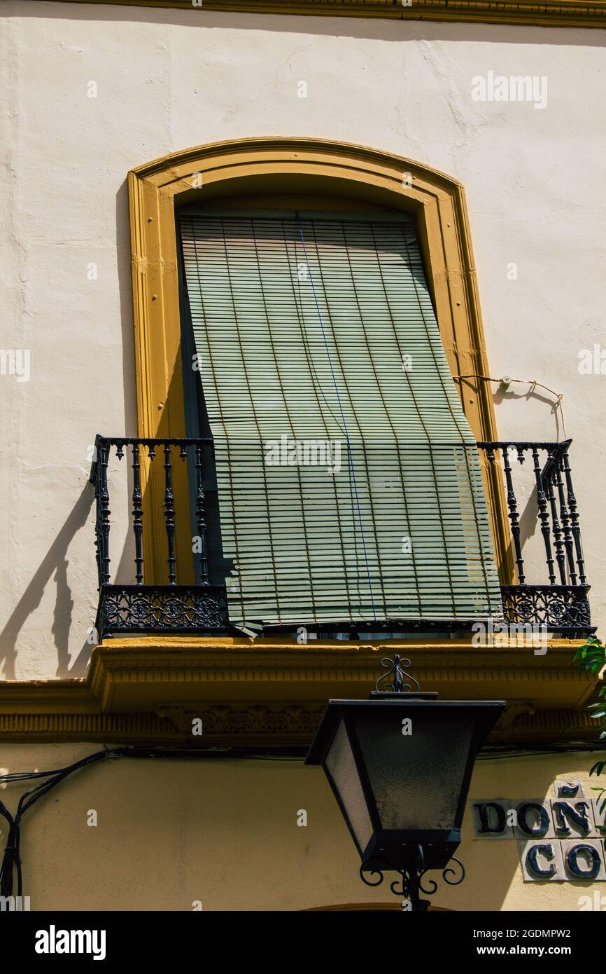 Seville Spain August 10, 2021 Window of a building in the streets of ...