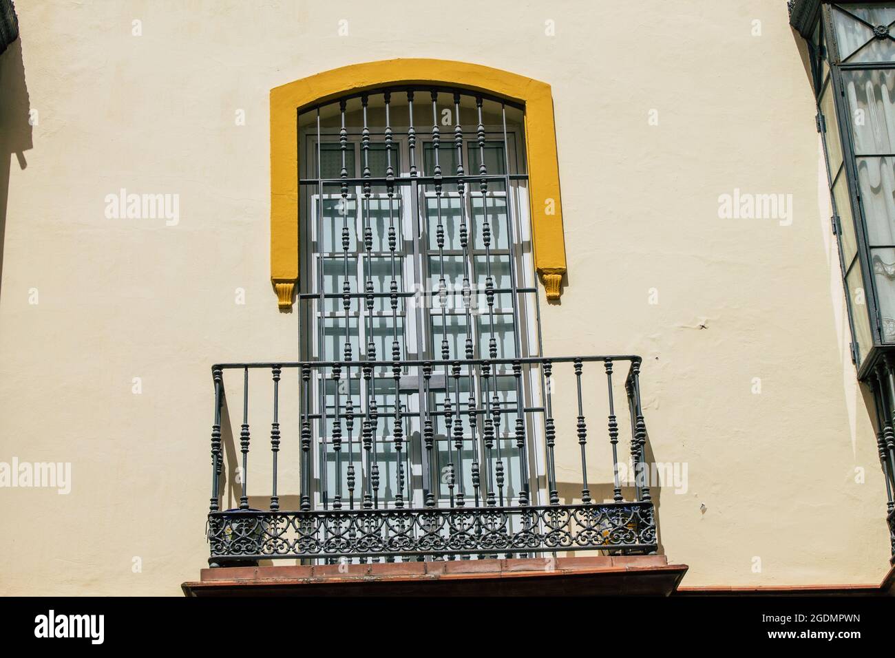 Seville Spain August 10, 2021 Window of a building in the streets of ...