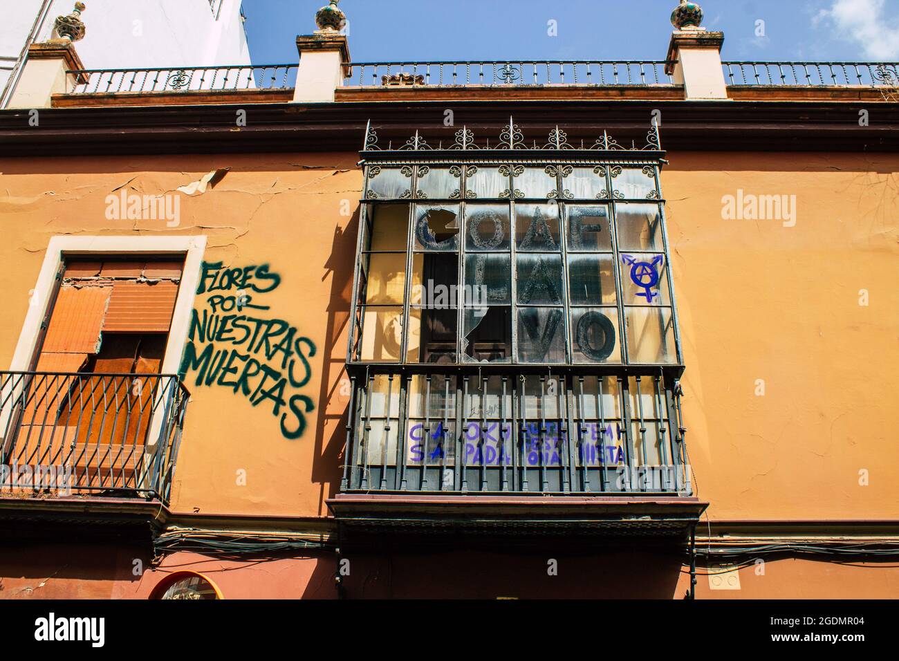 Seville Spain August 10, 2021 Window of a building in the streets of ...