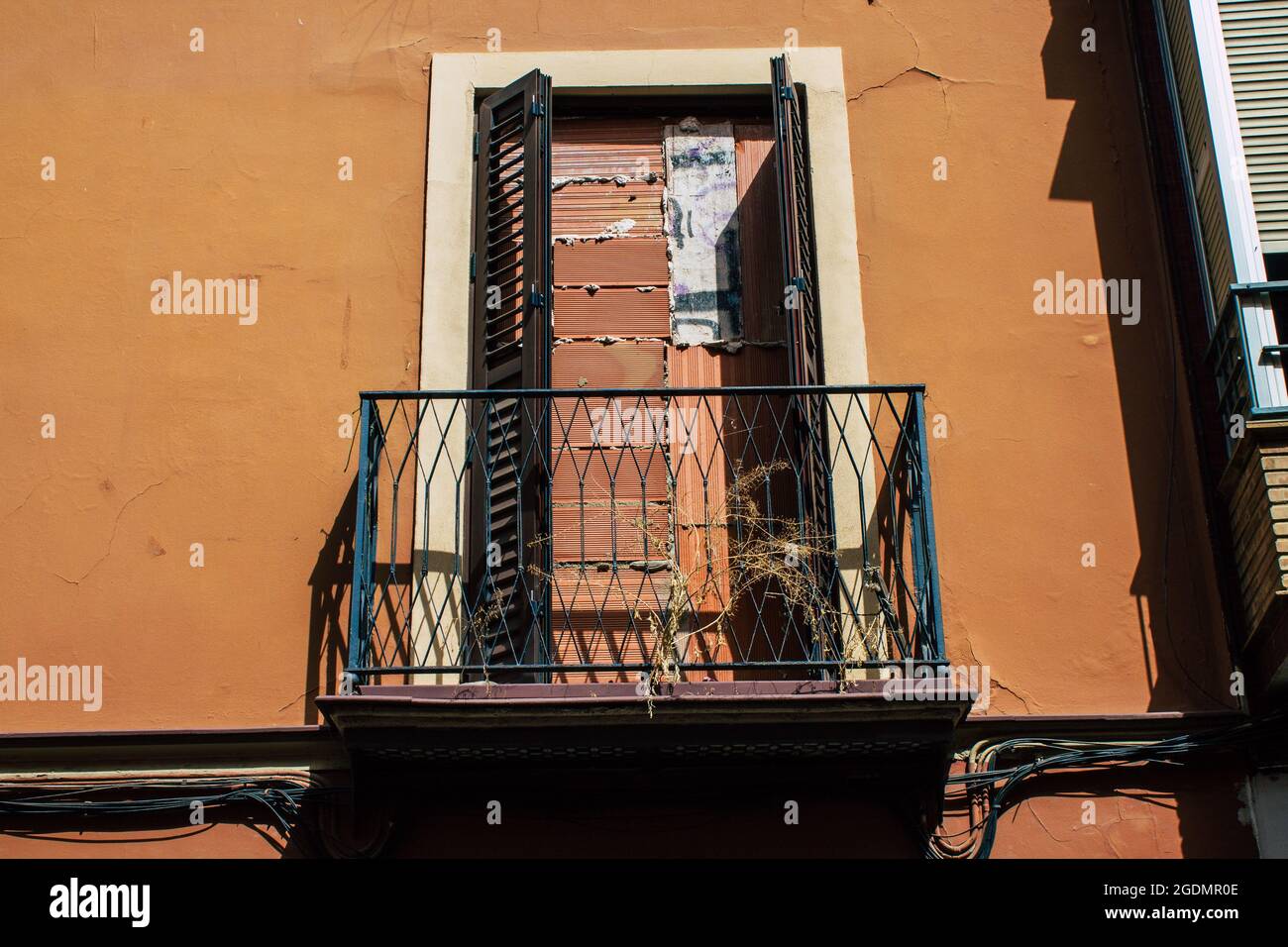 Seville Spain August 10, 2021 Window of a building in the streets of ...