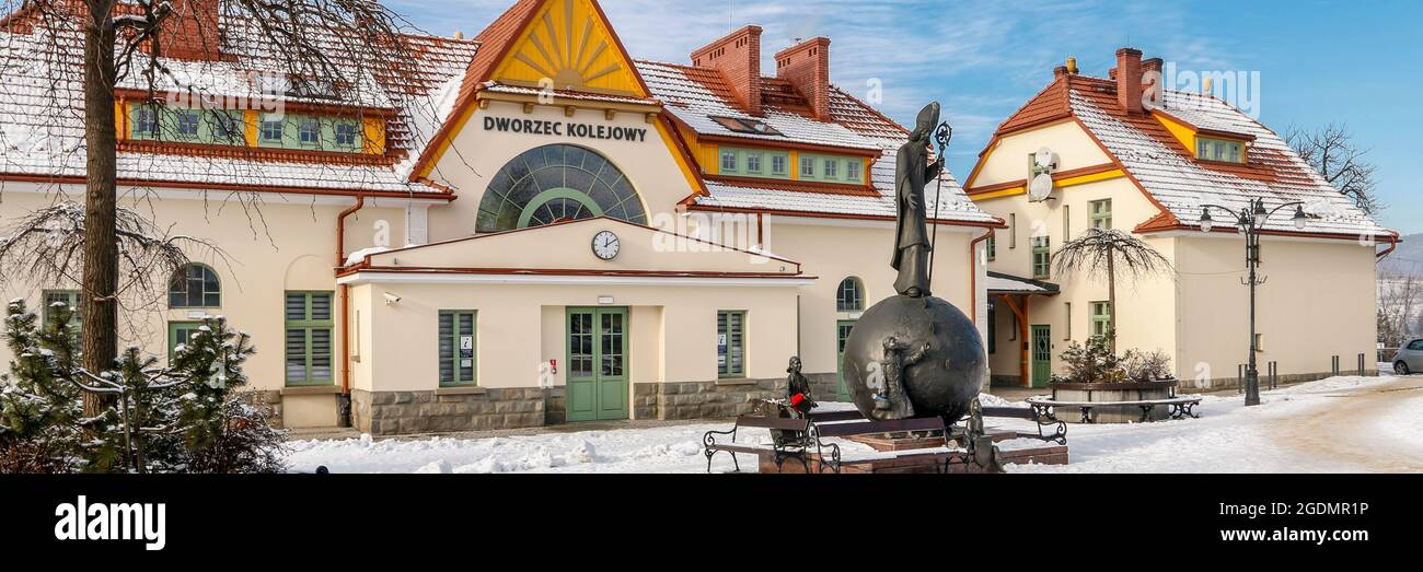 Monument of Saint Nicholas in front of railway station in Rabka Zdroj ...