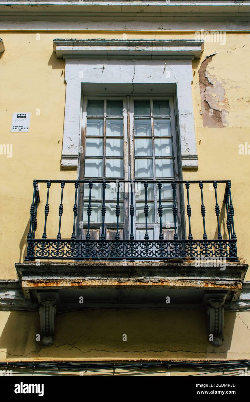 Seville Spain August 10, 2021 Window of a building in the streets of ...
