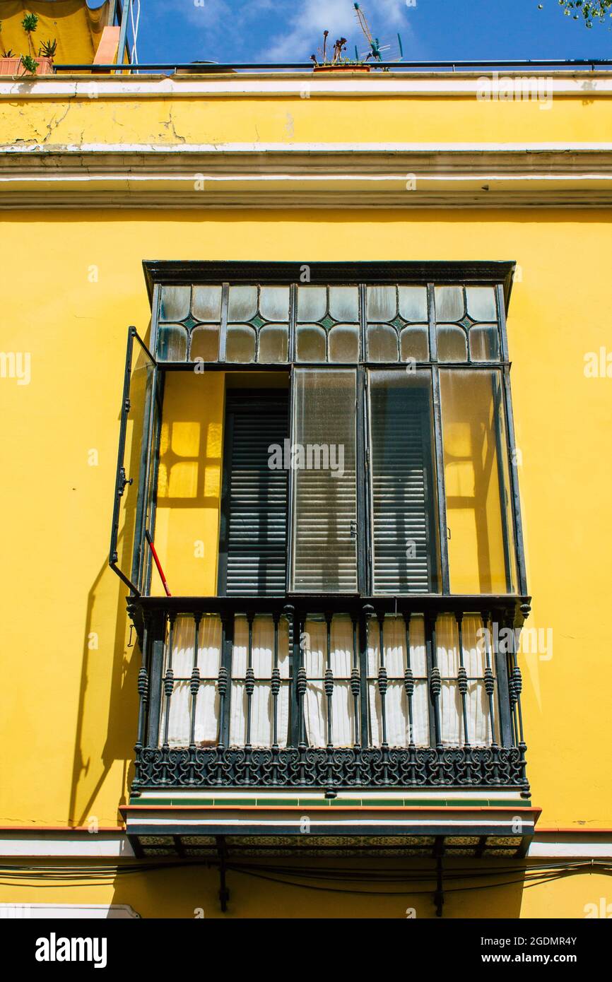 Seville Spain August 10, 2021 Window of a building in the streets of ...