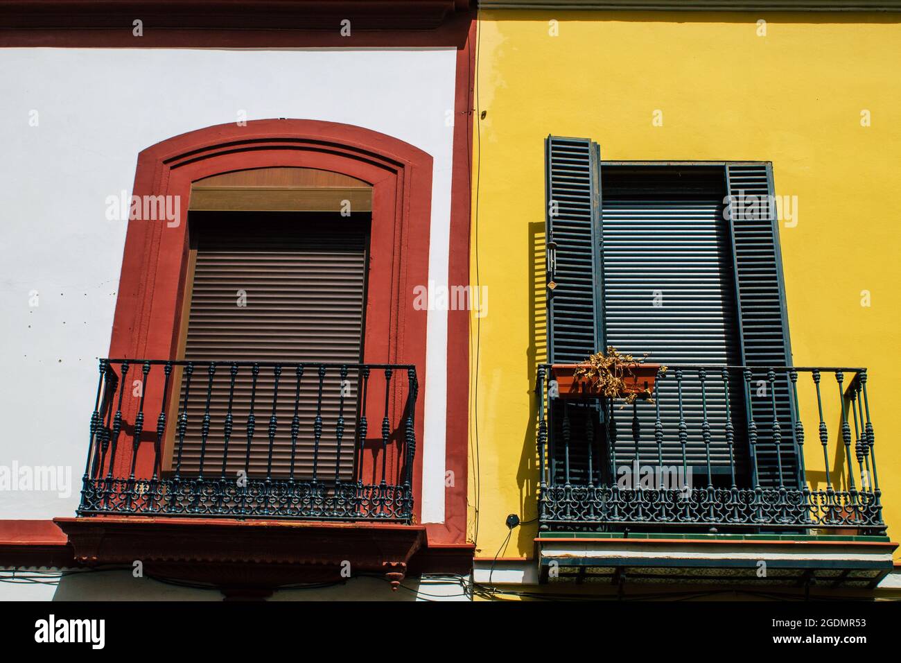 Seville Spain August 10, 2021 Window of a building in the streets of ...