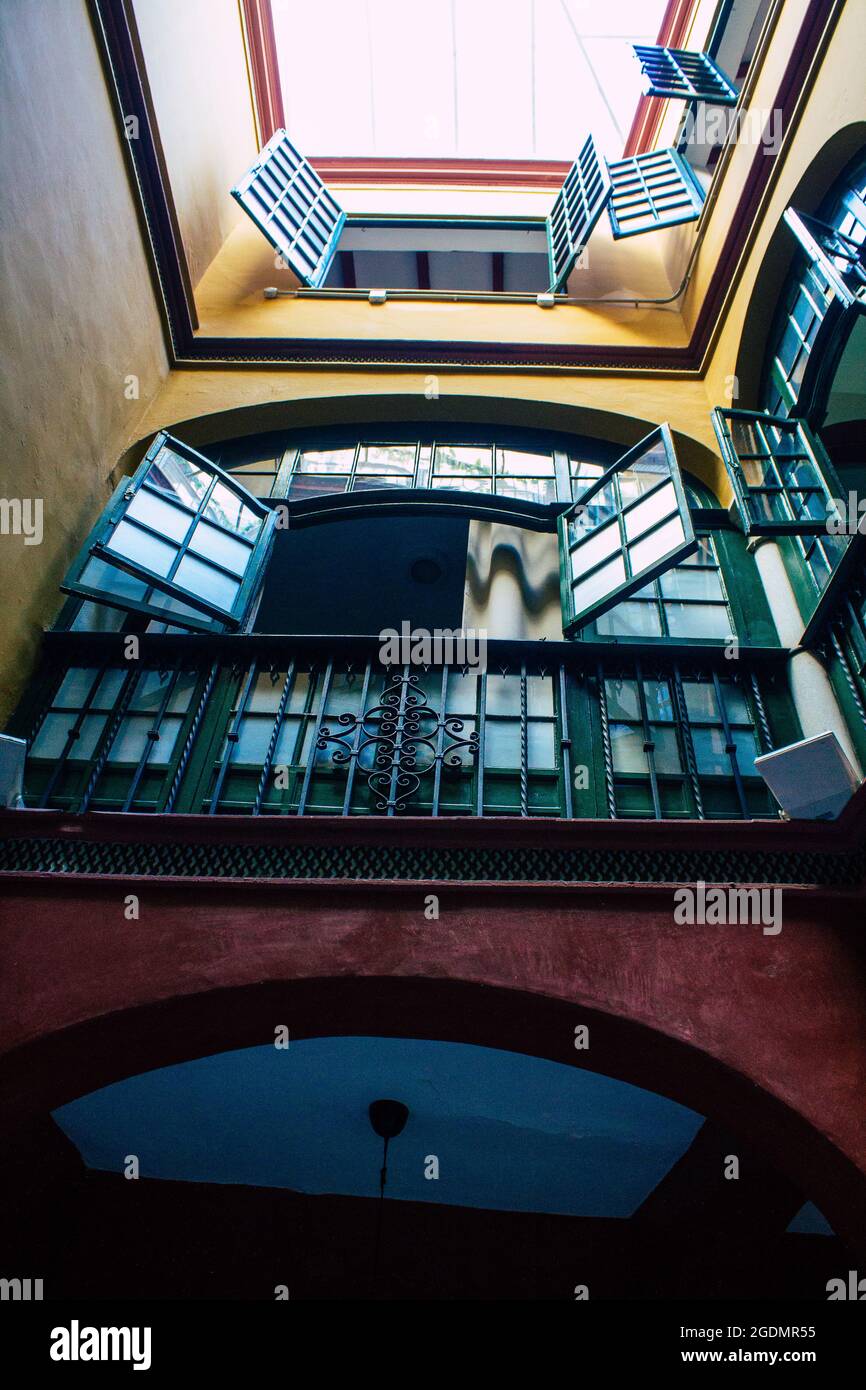 Seville Spain August 10, 2021 Window of a building in the streets of ...