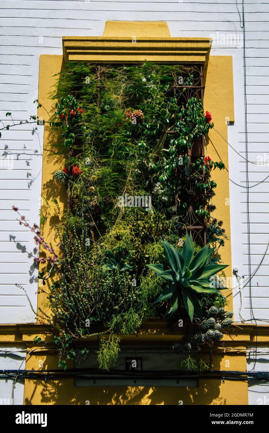 Seville Spain August 10, 2021 Window of a building in the streets of ...