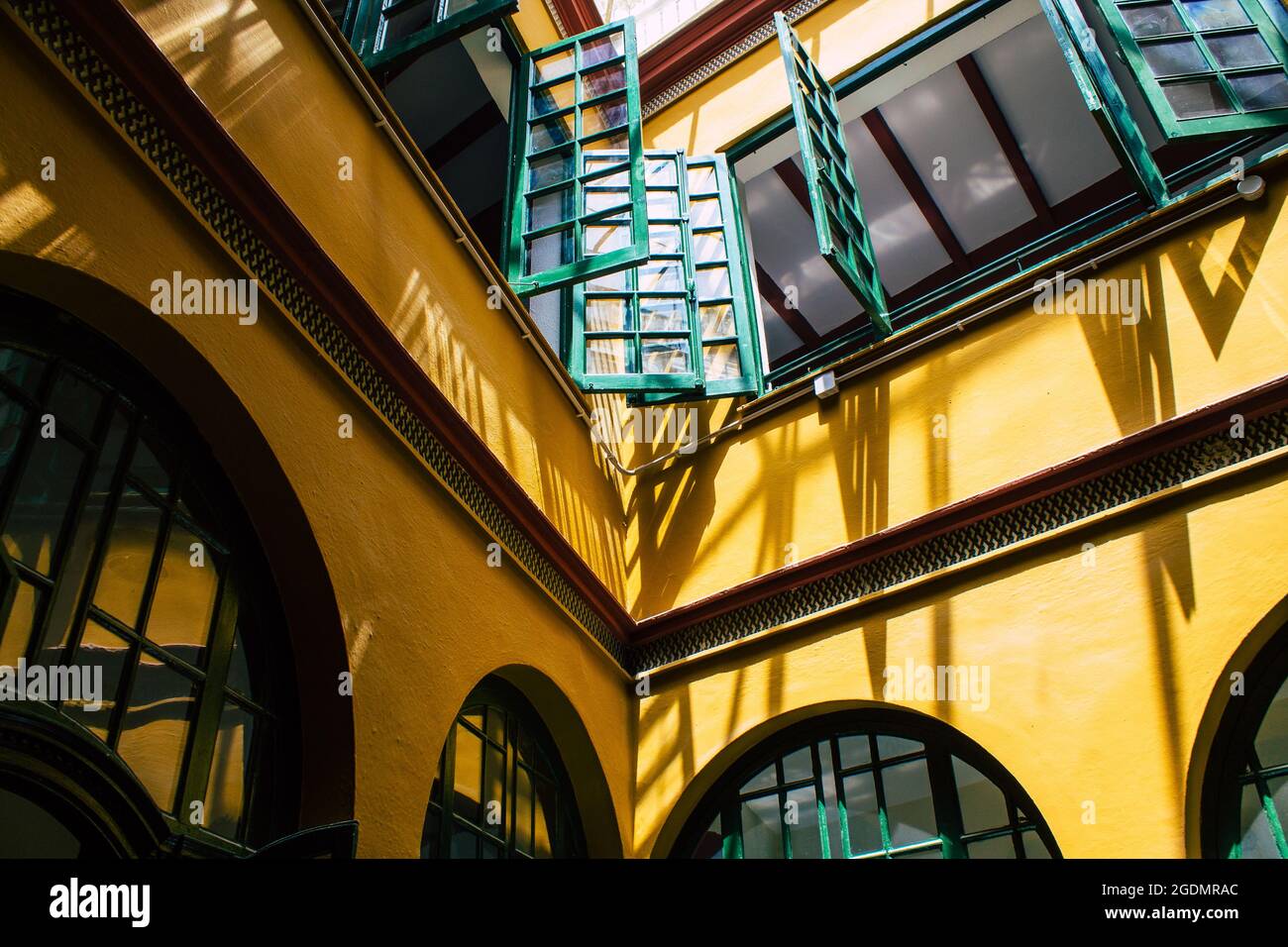 Seville Spain August 10, 2021 Window of a building in the streets of ...