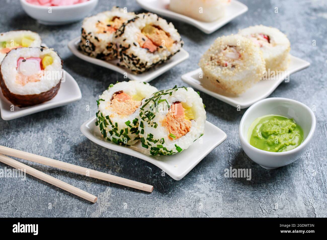 Sushi set on grey stone background. Japanese food Stock Photo - Alamy