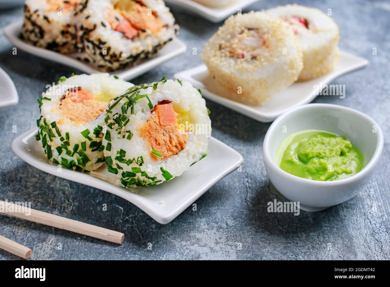 Sushi set on grey stone background. Japanese food Stock Photo - Alamy