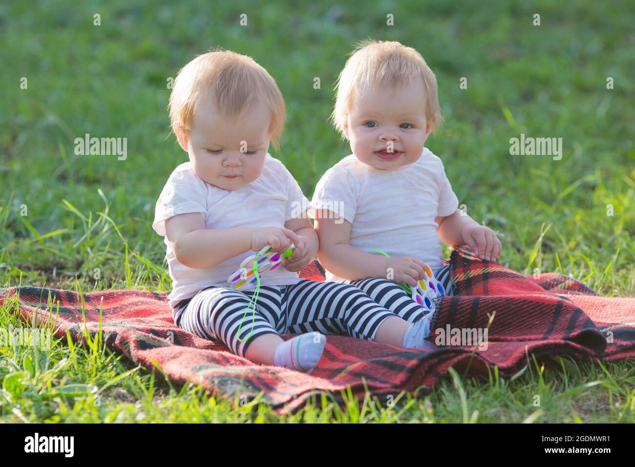 Two identical girls on a blanket in park look in surprise into the ...
