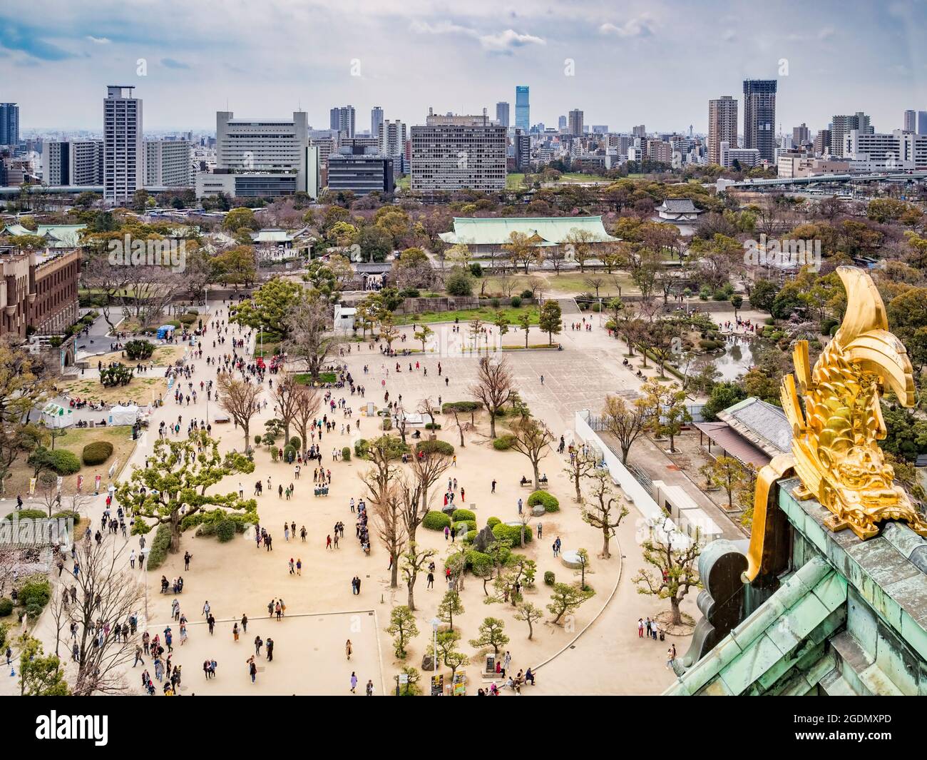 28 March 2019: Osaka, Japan - View from the top of the main keep of ...