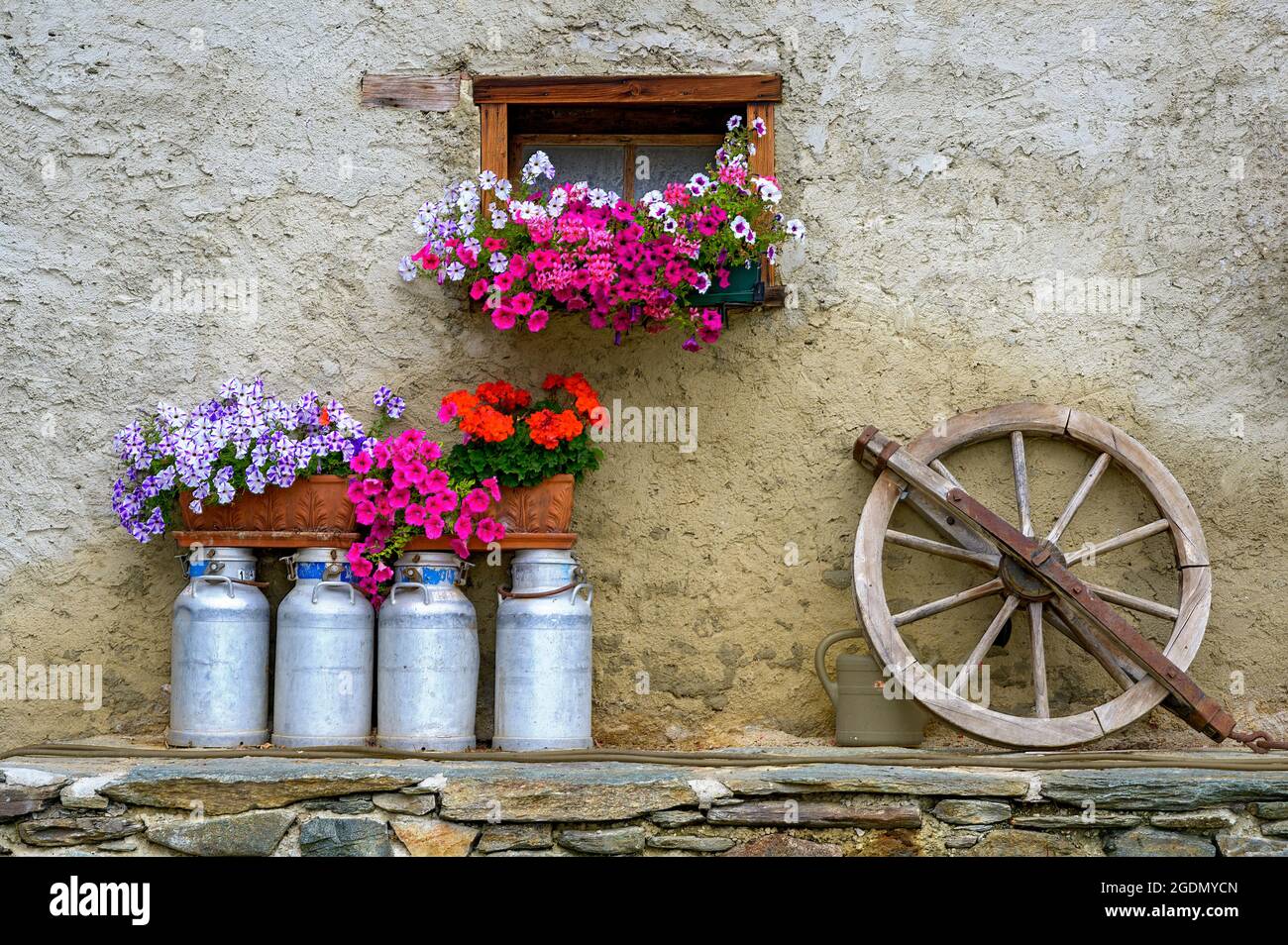 rural decoration on a rough plastered facade of a farmhouse Stock Photo ...