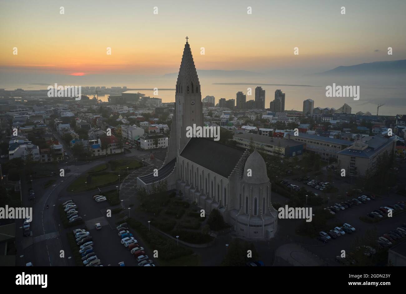 Drone view of famous Lutheran church with tall tower located in middle ...
