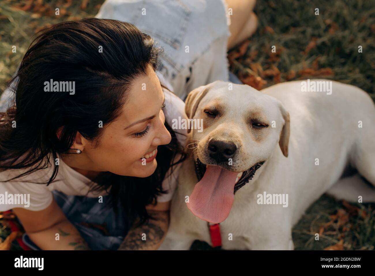 Happy woman hugging her Labrador puppy outdoors Stock Photo - Alamy