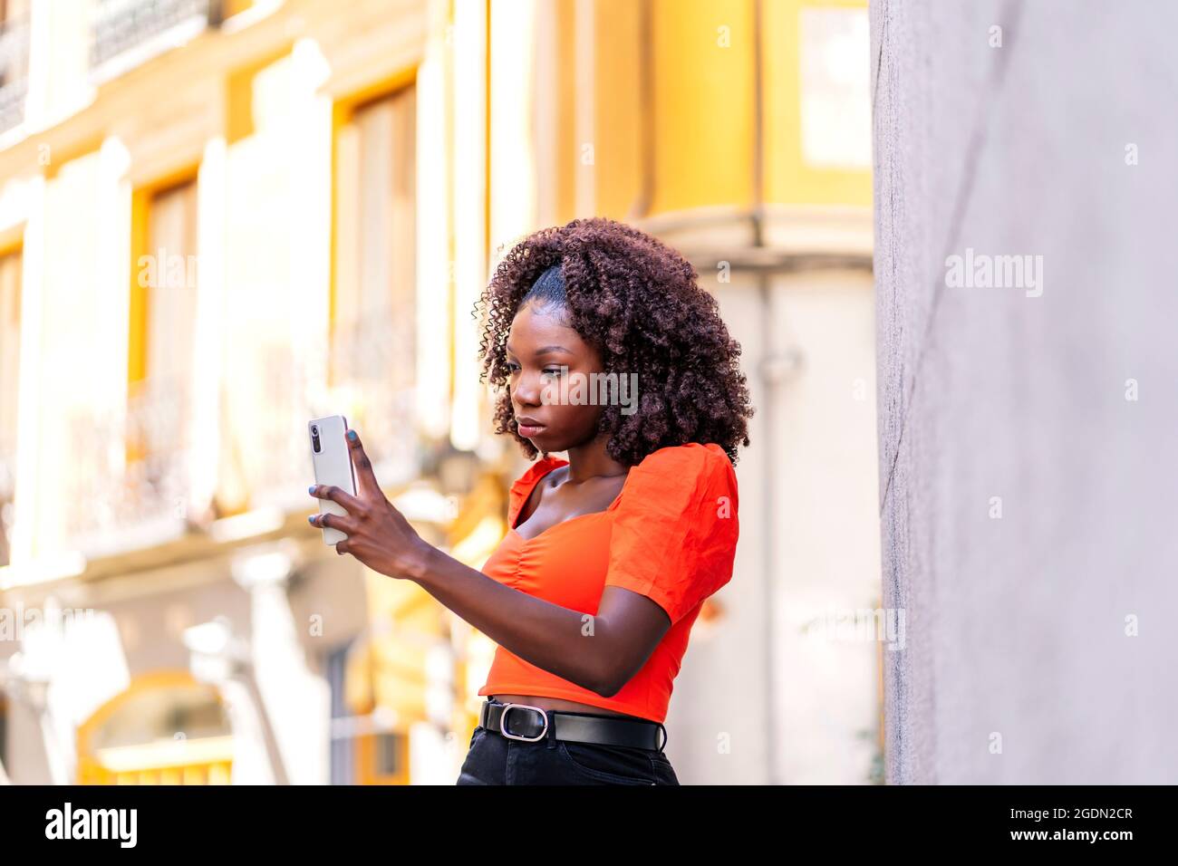young afro hair girl looking at her mobile phone Stock Photo - Alamy