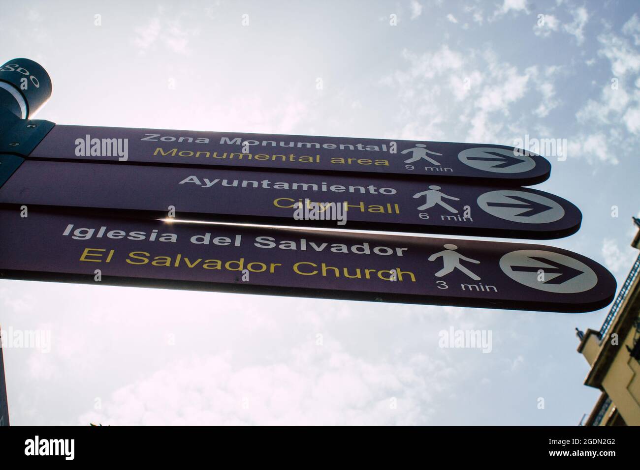 Seville Spain August 11, 2021 Street sign or road sign, erected at the ...