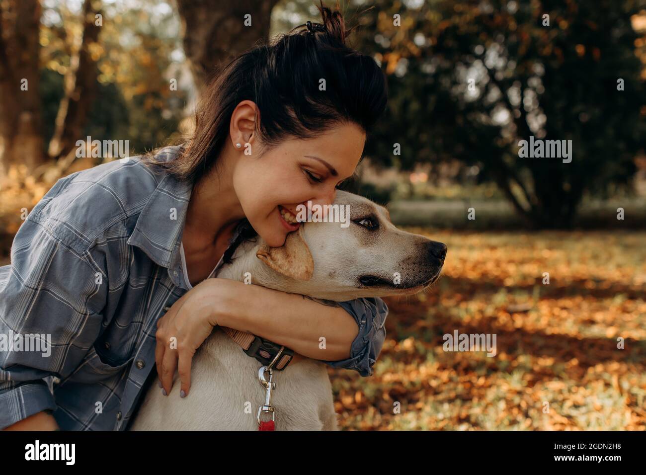 Happy woman hugging her Labrador puppy outdoors Stock Photo - Alamy