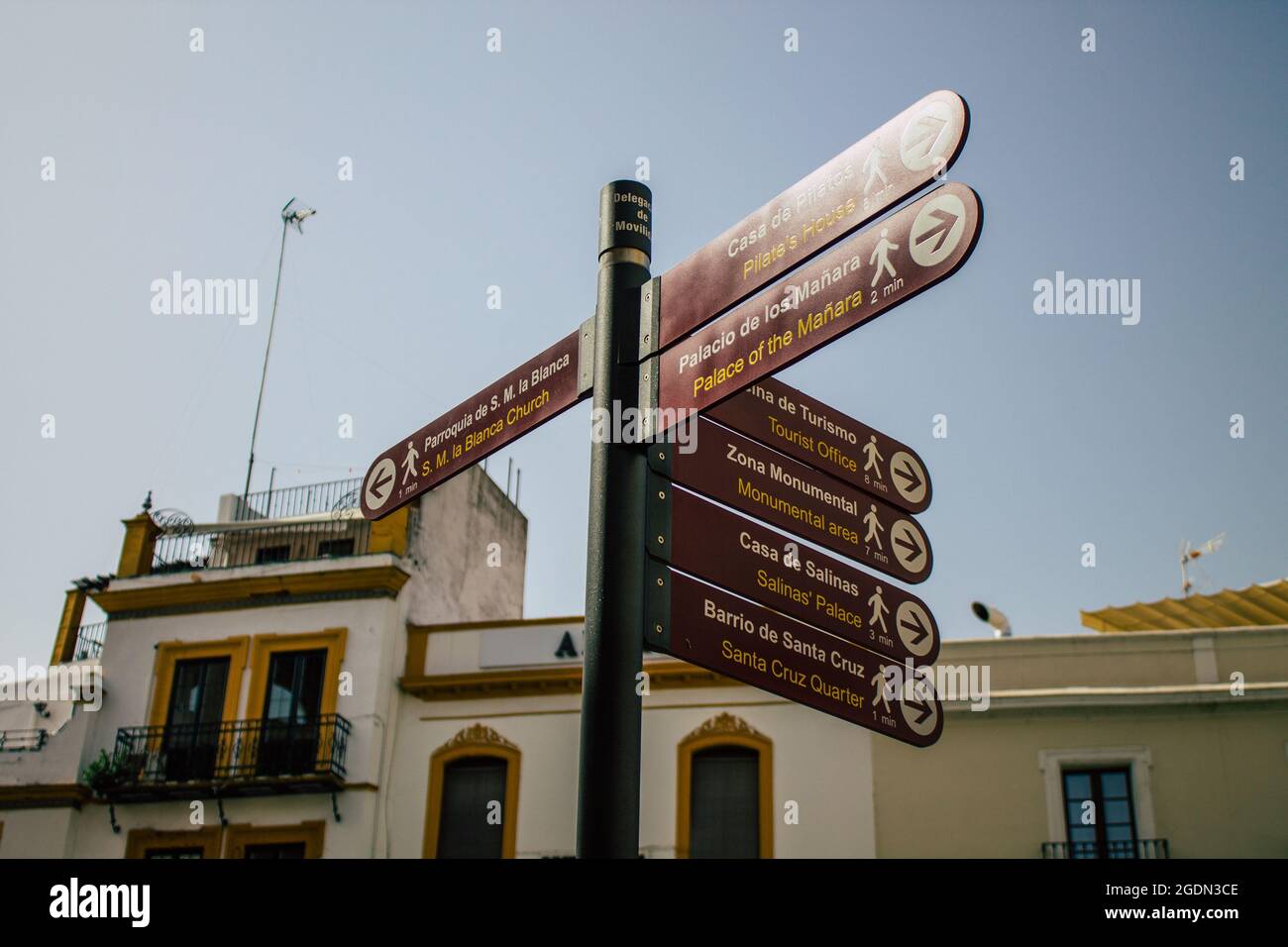 Seville Spain August 11, 2021 Street sign or road sign, erected at the ...