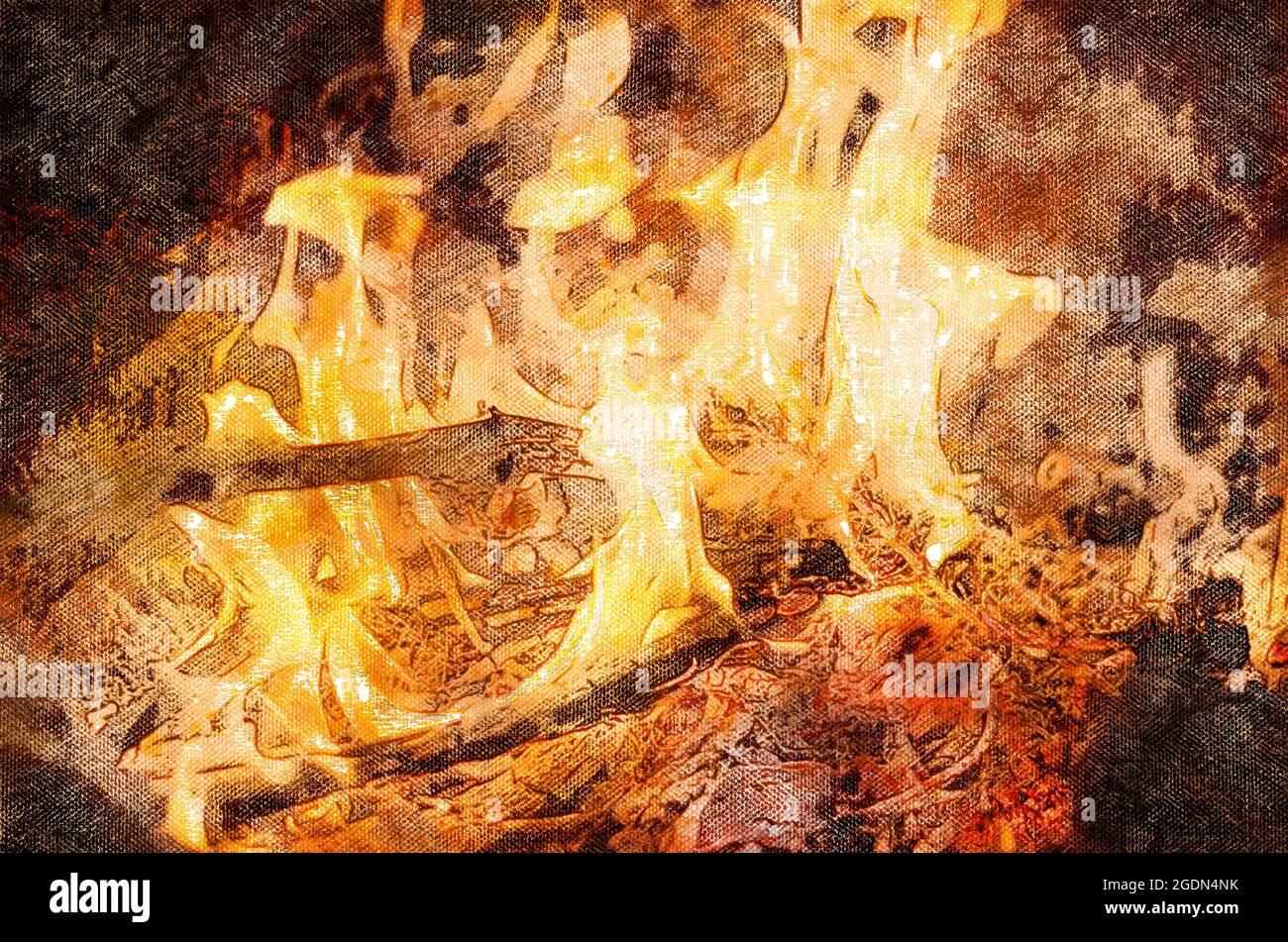 Flame of the night fire. Burning wood engulfed in a hot flame. Campfire ...