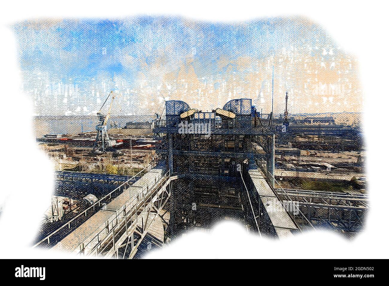 A view from above of the seaport. An elevator tower with enclosed ...