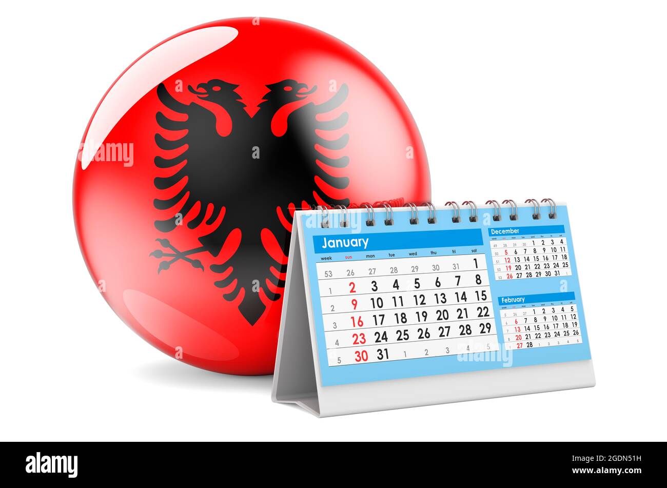 Desk calendar with Albanian flag. 3D rendering isolated on white ...