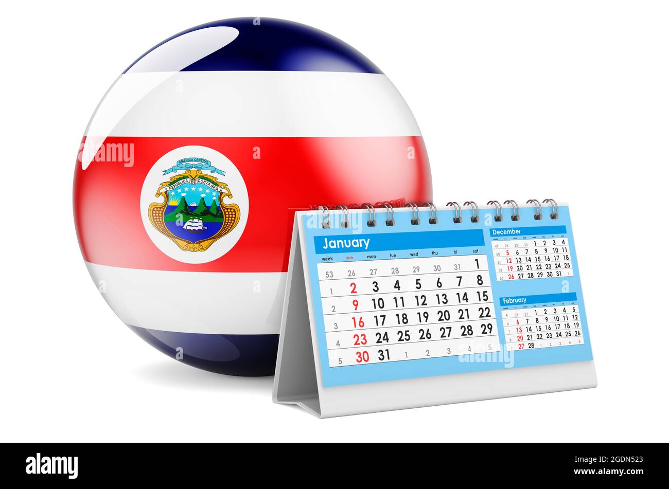 Desk calendar with Costa Rican flag. 3D rendering isolated on white ...