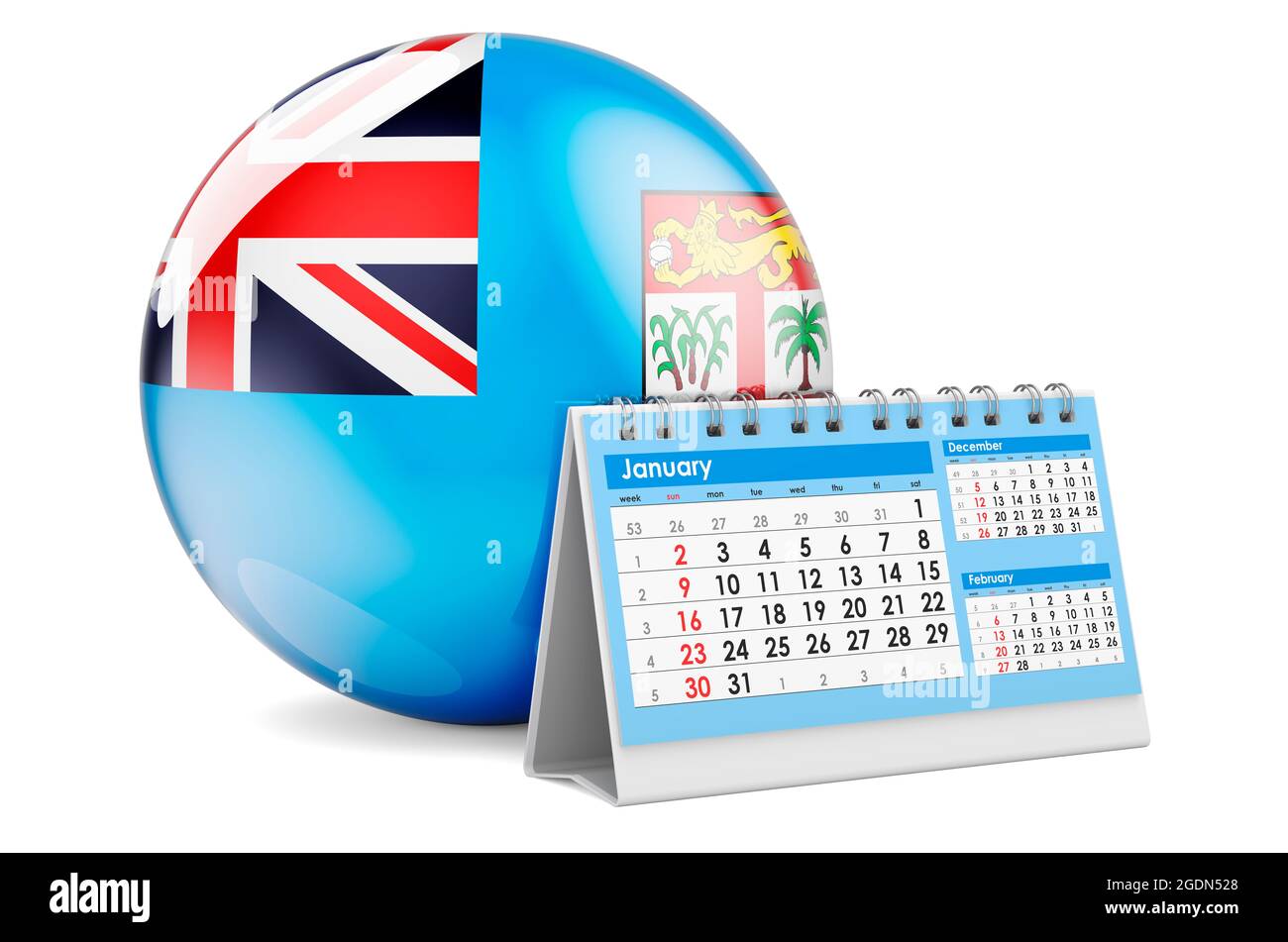 Desk calendar with Fijian flag. 3D rendering isolated on white ...