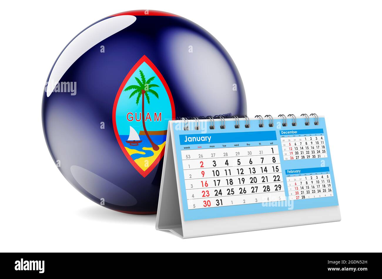 Desk calendar with Guamanian flag. 3D rendering isolated on white ...