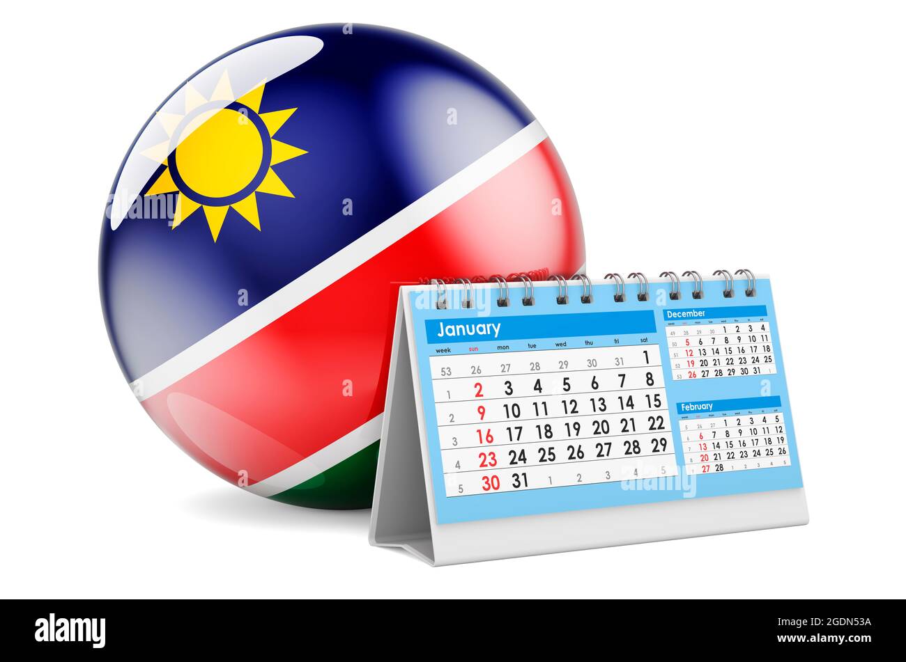 Desk calendar with Namibian flag. 3D rendering isolated on white ...