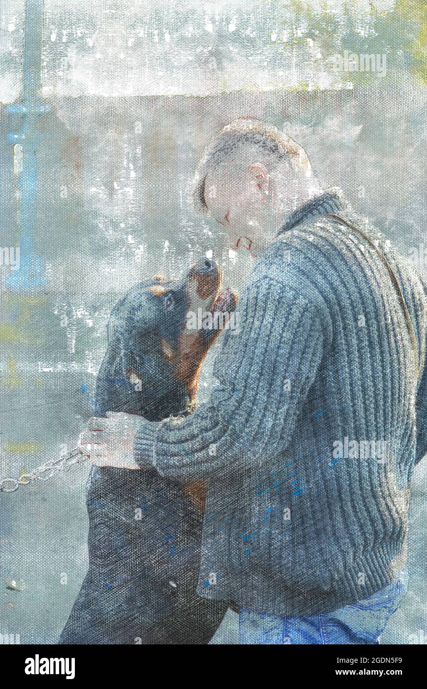 Meeting of a man and a dog after a long separation. An adult male and a ...