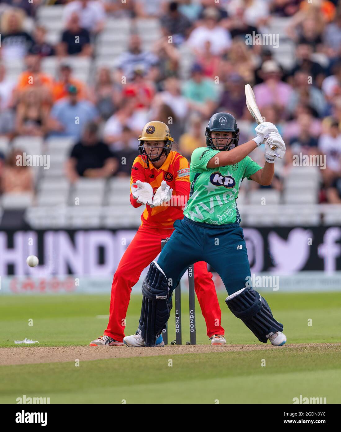 Dane van Niekerk of Oval Invincibles batting, watched by keeper Amy ...