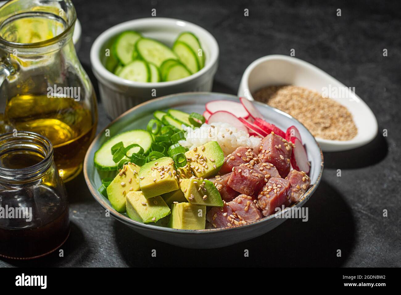 Traditional Hawaiian Poke Bowl prepared with Tuna Fish, rice and ...