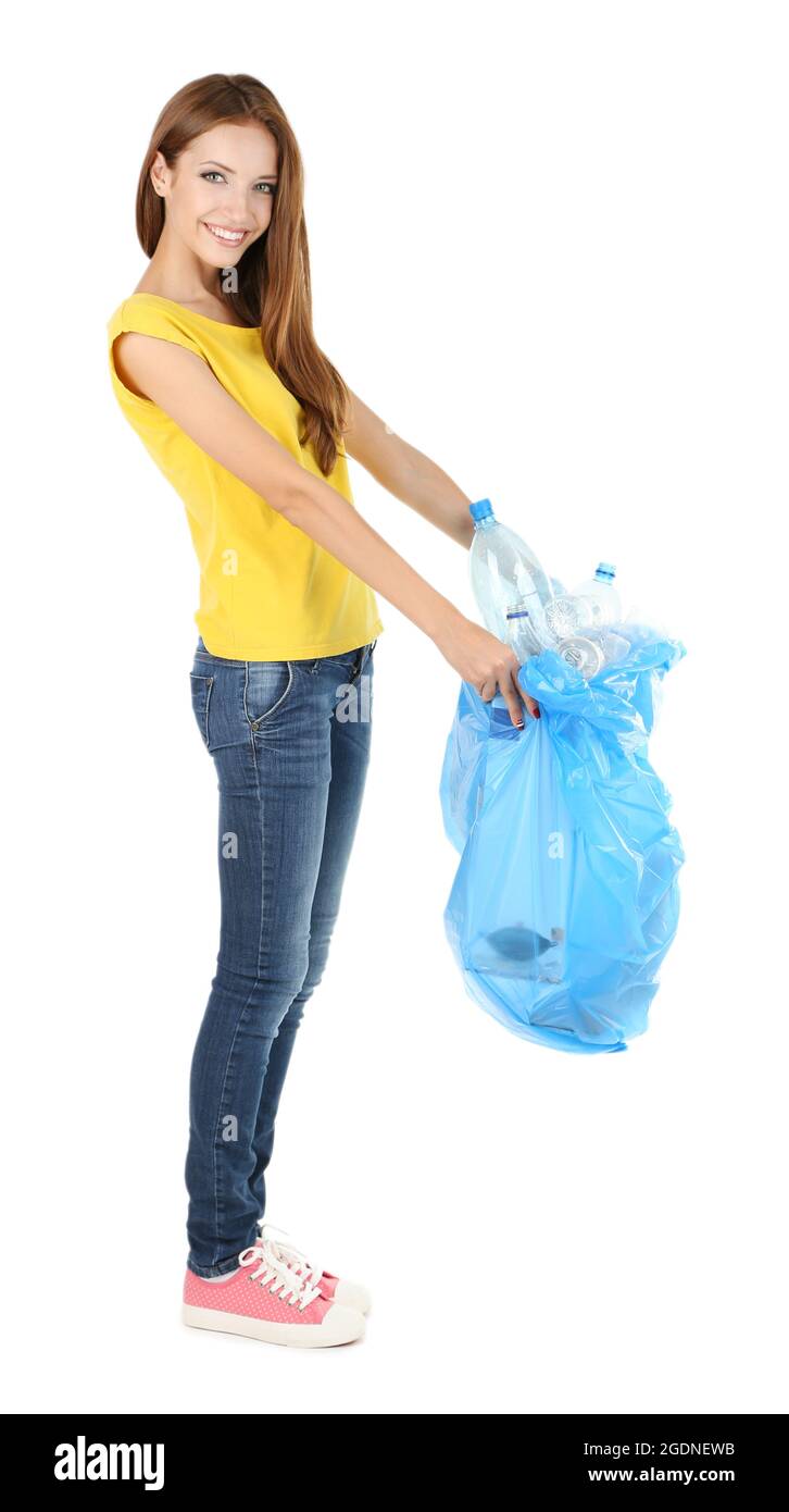 Young girl sorting plastic bottles isolated on white Stock Photo - Alamy