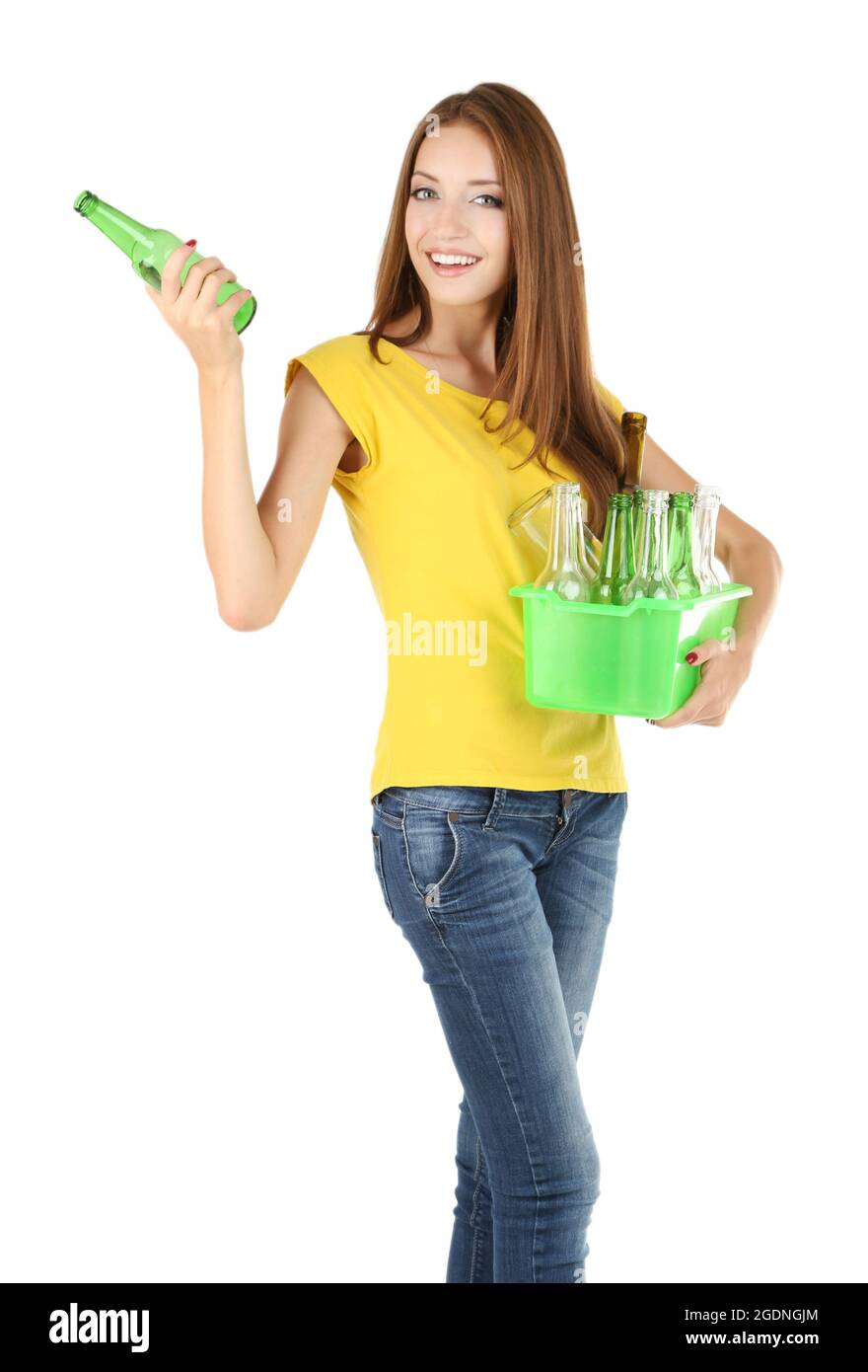 Young girl sorting glass bottles isolated on white Stock Photo - Alamy
