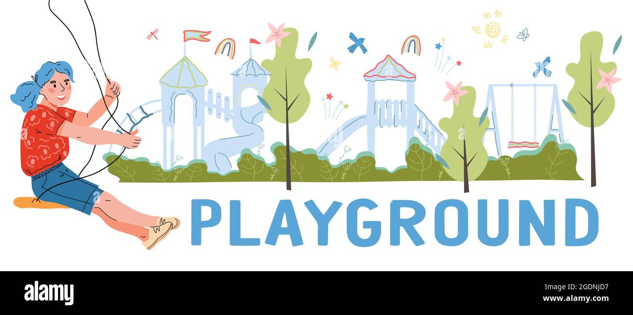 Children playground banner or poster template with happy girl on swing ...