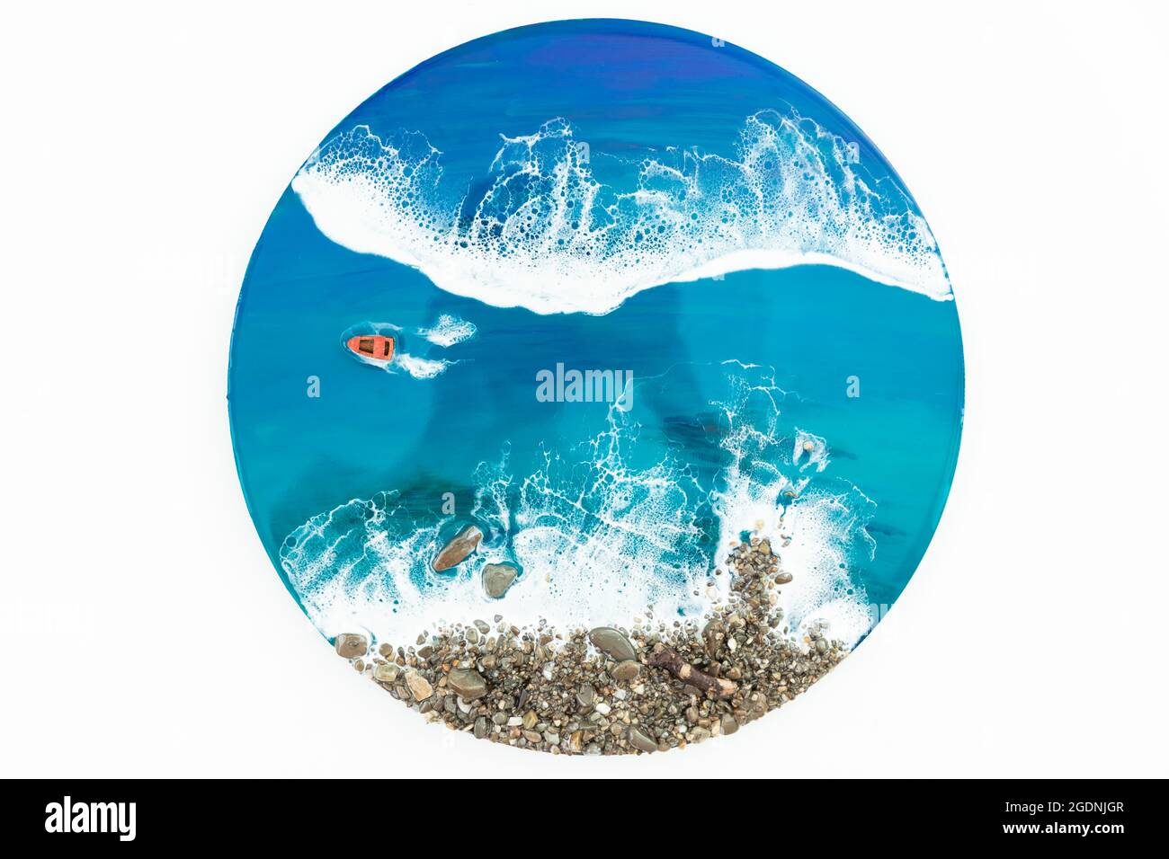 Resin art painting. Epoxy art composition with blue ocean waves, boat ...